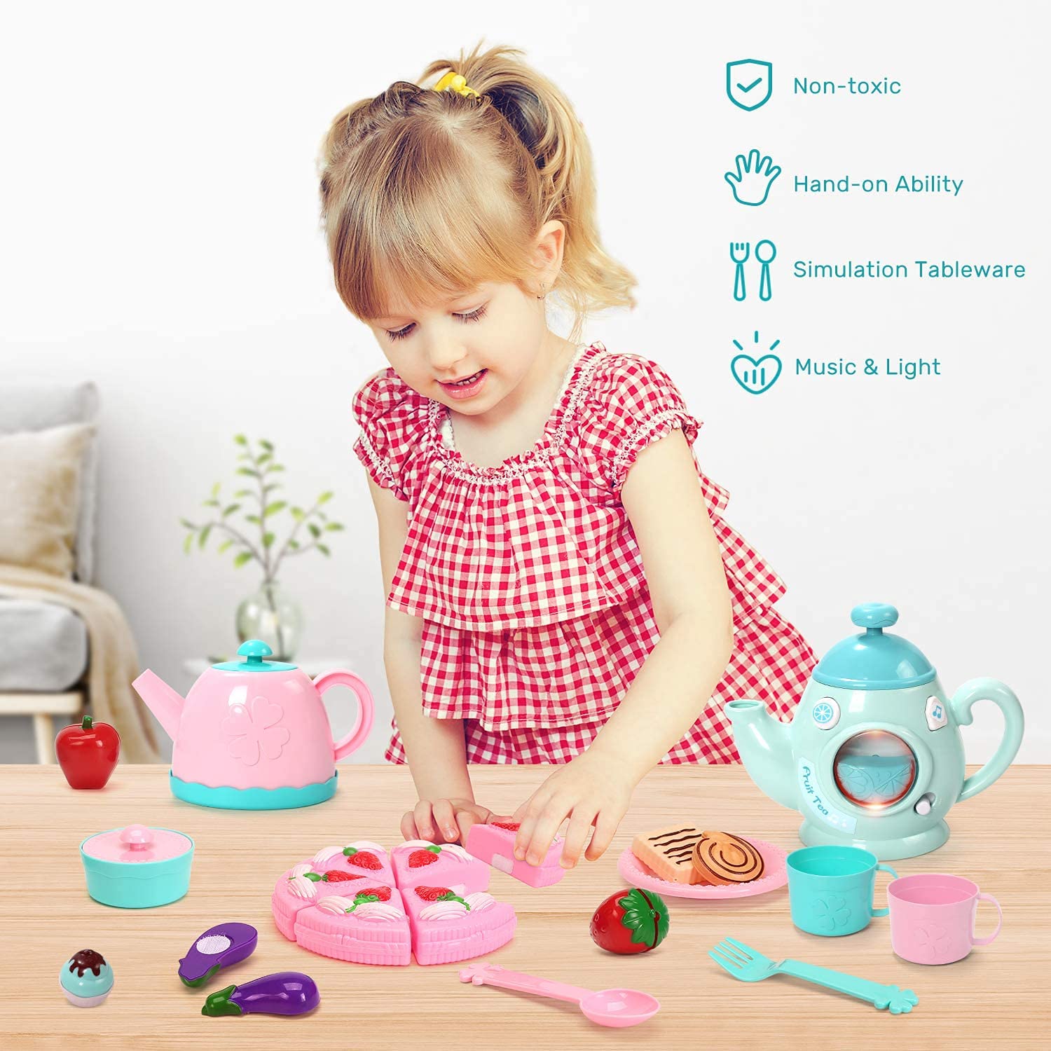 CUTE STONE Toy Tea Set for Little Girls, Kids Tea Party Set Includes Kettle with Light & Music, Teapot, Dessert, Cookies, Play Tea Party Accessories & Carrying Case, Kitchen Pretend Play for Kids