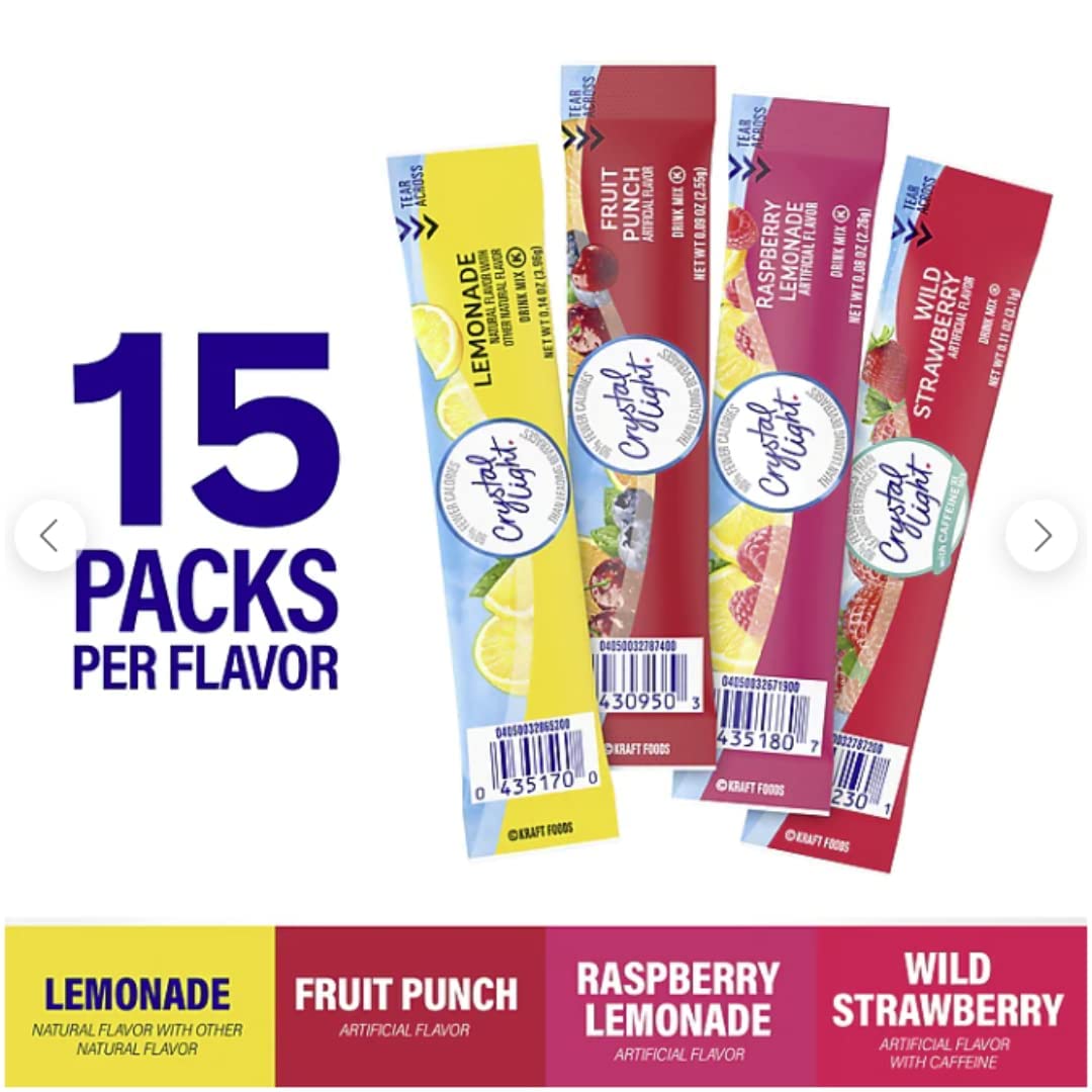 Crystal Light On-The-Go Powdered Drink Mix Variety Pack - lemonade, fruit punch, raspberry lemonade & wild strawberry (60 Count)