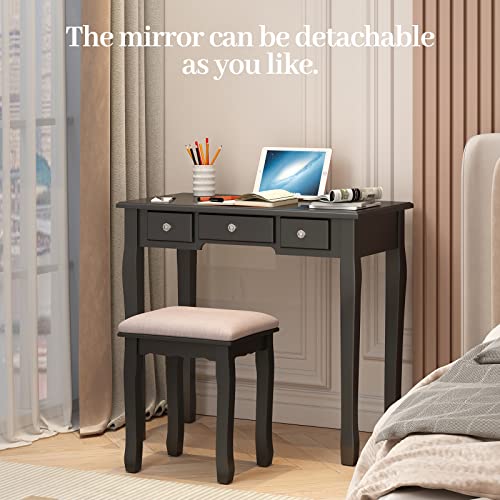 Vanity Desk with Mirror and Lights,Makeup Vanity with Lights Makeup Dressing Table Vanity Table with Lights 10 Bulbs and 5 Drawers,Detachable Top and 360 Rotation Mirror,Modern Dresser Desk (Black)