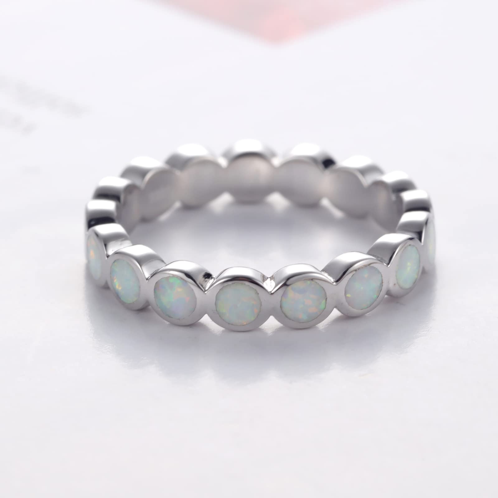 FEELDAN White Gold Plated Sterling Silver Fire Opal Bezel Setting Birthstone Rings