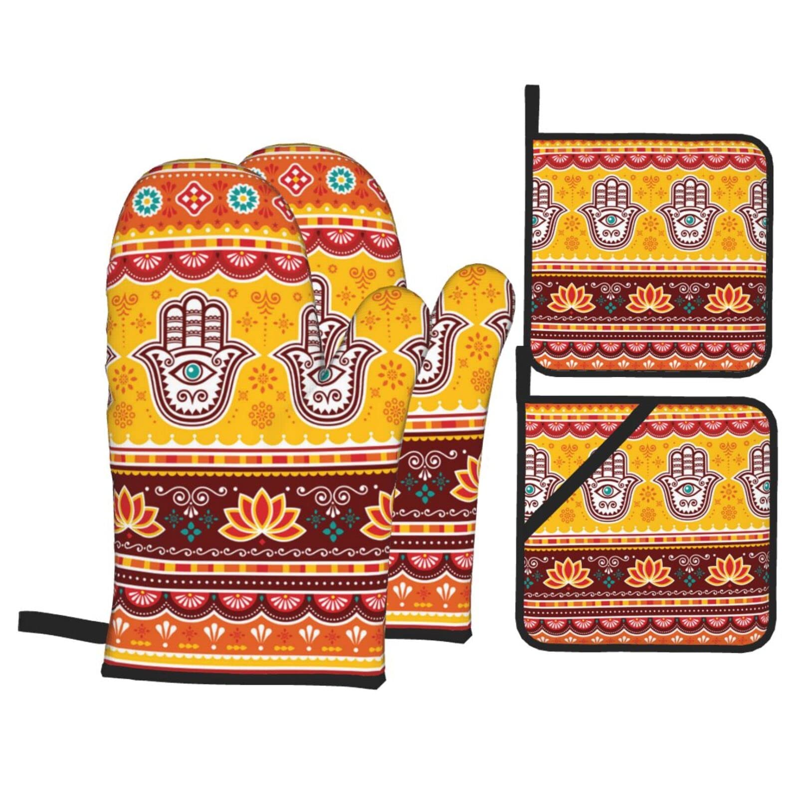 EZDNAGP 4pcs Oven Mitts and Pot Holders Sets Oven Kitchen Gloves Hot Pads for Cooking BBQ Baking Grilling - Pakistani Indian Evil Eye Hamsa Hand