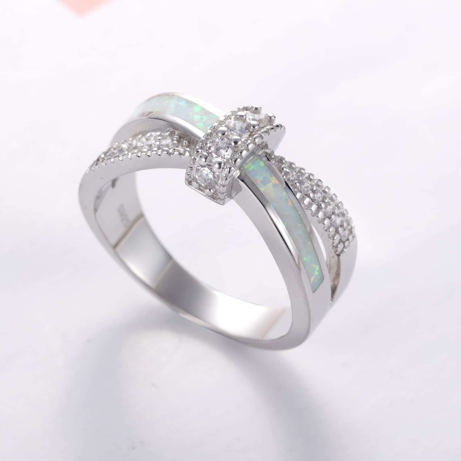 FEELDAN White Gold Plated Sterling Silver Fire Opal Bezel Setting Birthstone Rings