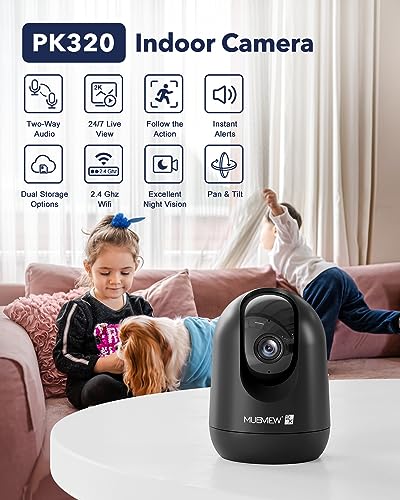 MUBVIEW Cameras for Home Security, Indoor Security Camera, 2.4G WiFi Wired Camera Ideal for Dog/Elder/Baby, Motion Tracking, Two-Way Audio, Pan Tilt, 24/7, 2K Night Vision PK320B-D