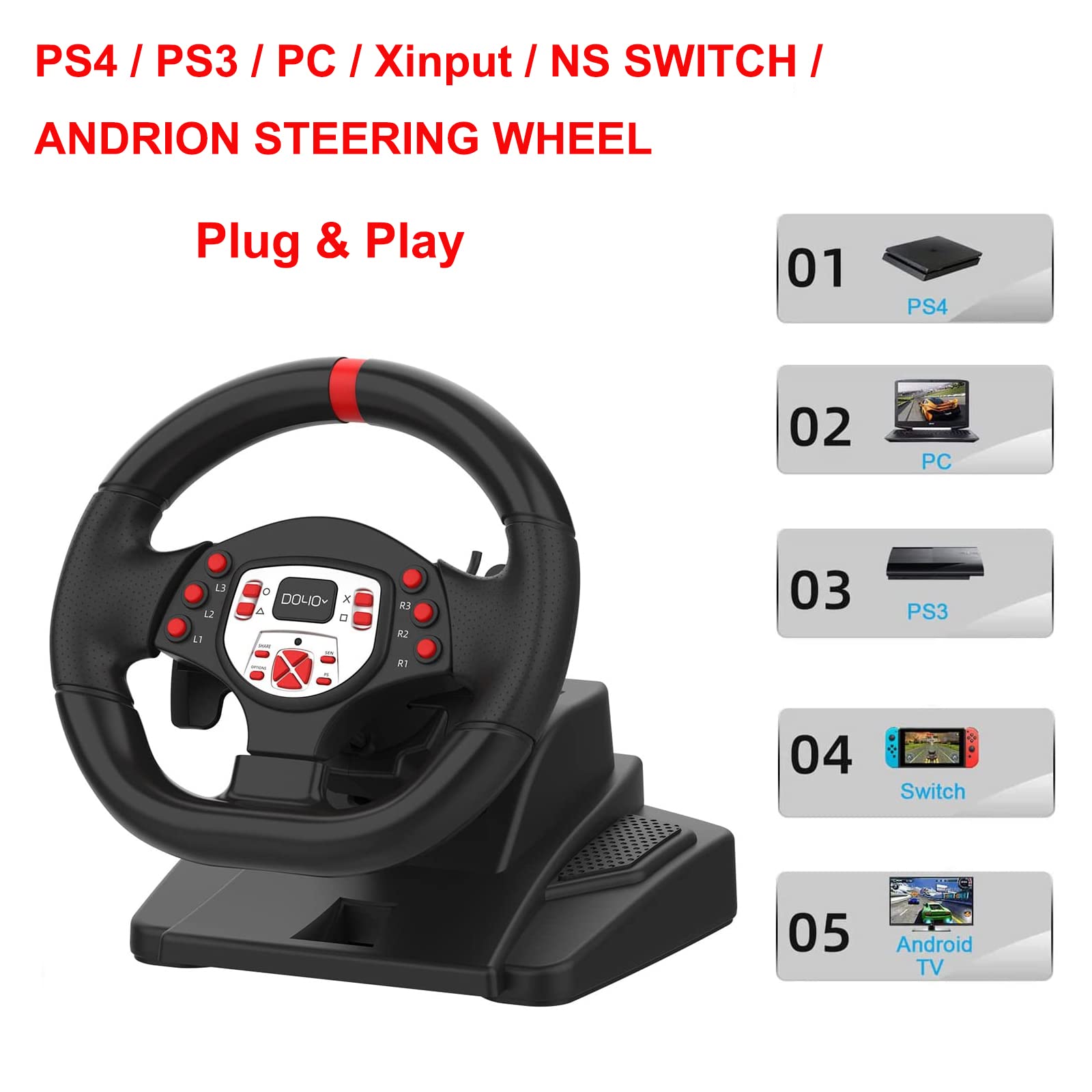 DOYO PS4 Steering Wheel and pedals and shifter, volante para PC, 180°gaming racing wheels Dual-Motor Feedback Driving Force for PS3/PS4/PC/Nintendo Switch/Android