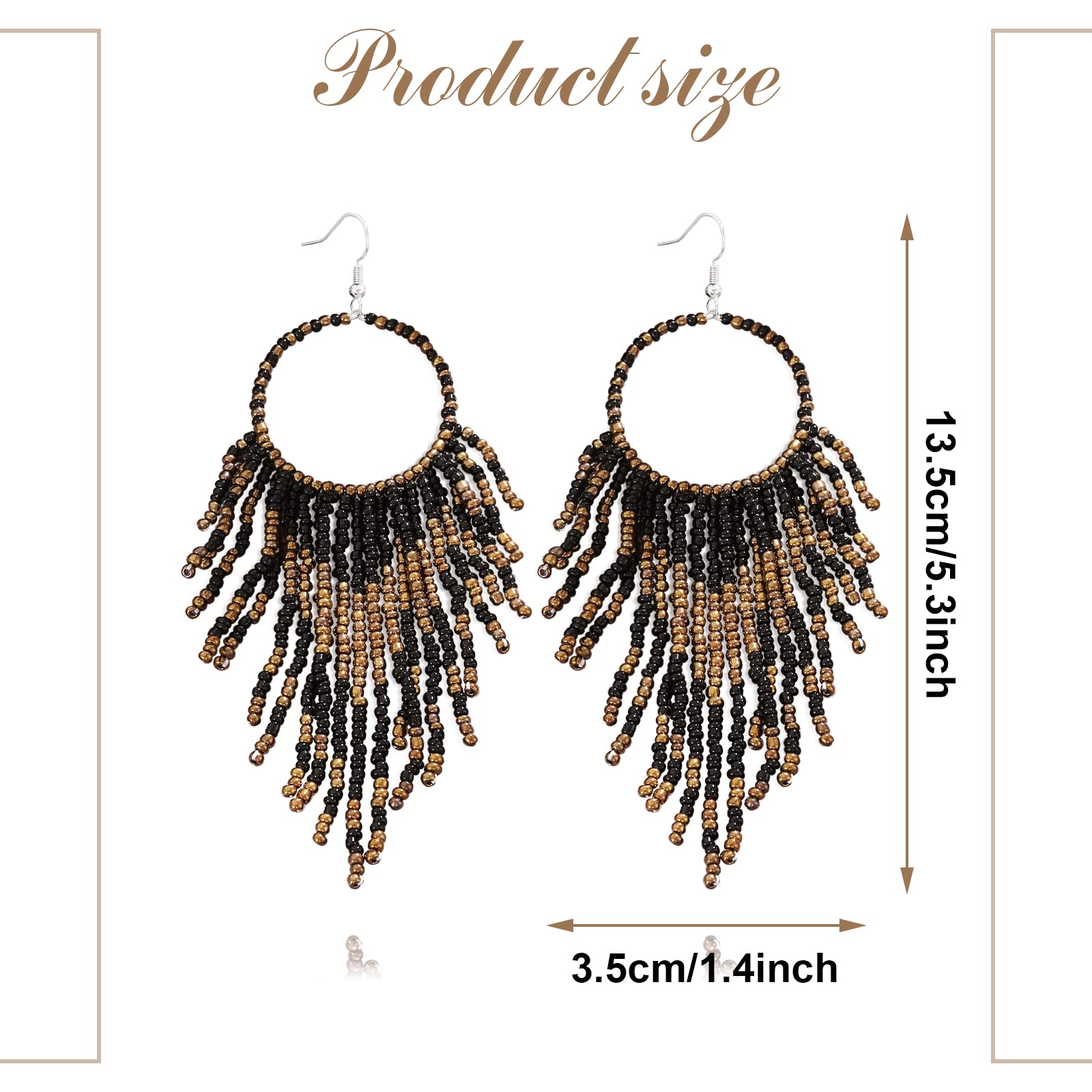 DoreenBow Long Beaded Tassel Black Earrings Boho Hoop Beaded Dangle Earrings Handmade Seed Bead Earrings Black and Gold Fringe Drop Earrings for Women and Girls