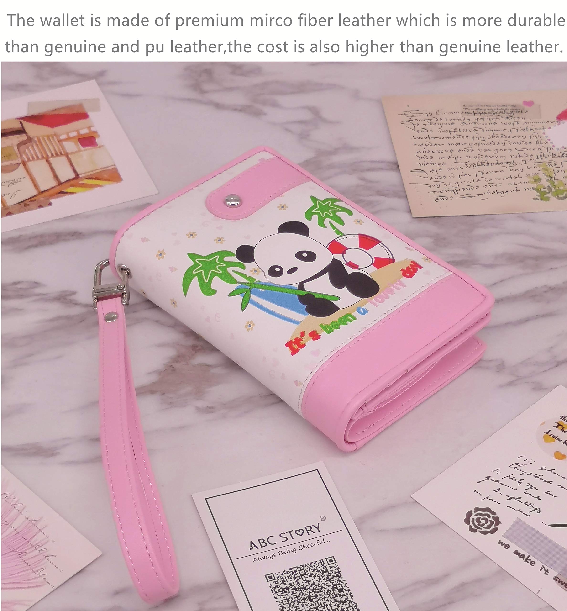 Womens Leather RFID Cute Cartoon Panda Wallet Purse Wristlets with Coins Pocket Pink