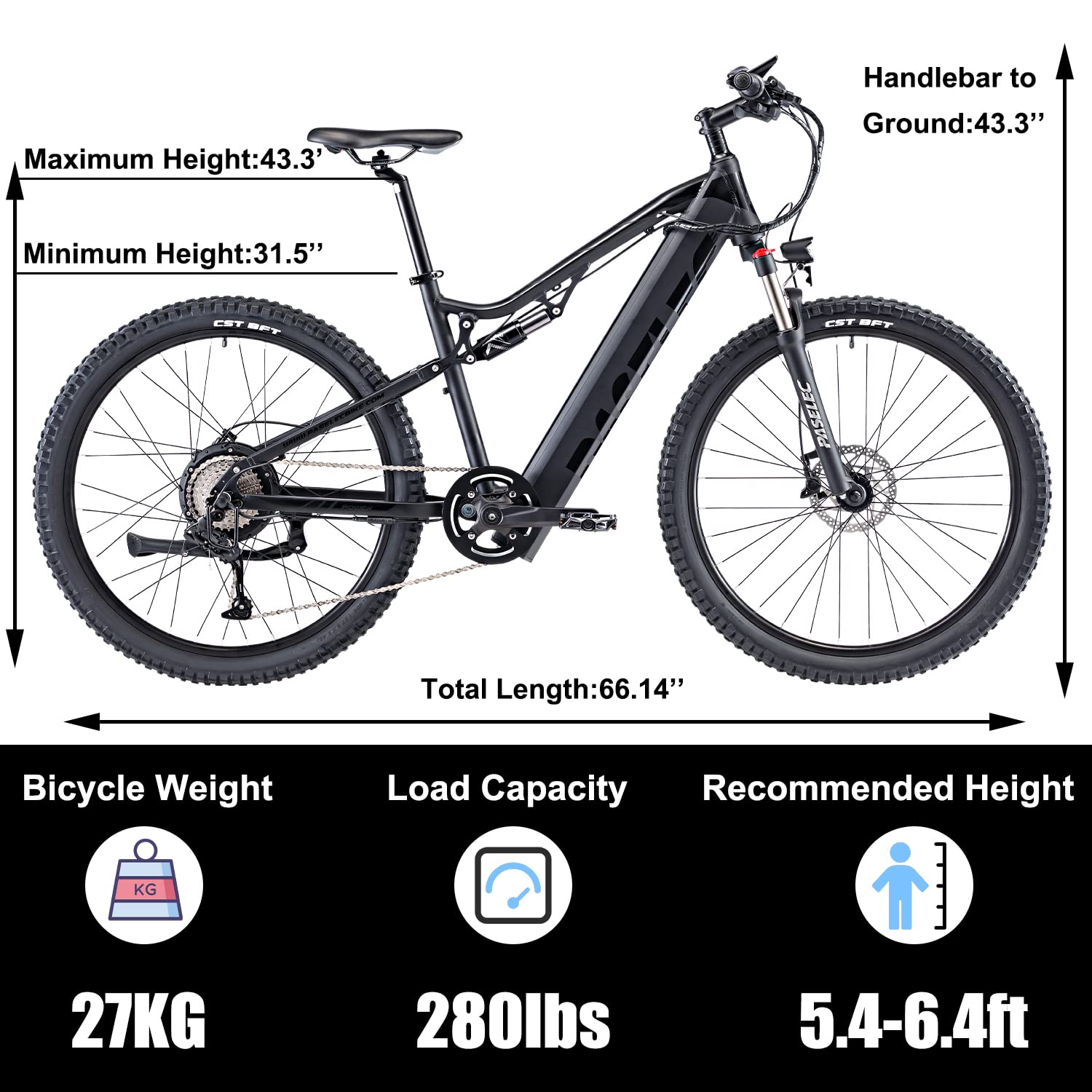 Electric Mountain Bikes for Adults 27.5'' Electric Bicycle, Hydraulic Brakes, 500W BAFANG Motor Ebike with 13ah Removable, Full Suspension E-MTB, 9-Speed Gears (Black BF)
