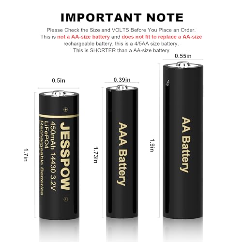 JESSPOW 14430 3.2 Volt Rechargeable Solar Battery, Rechargeable LiFePo4 Batteries [ 450mAh 3.2V 8Pack ] for Outdoor Garden Light, Solar Panel Light, Tooth Brush, Shaver, Flashlight (NOT AA Battery)