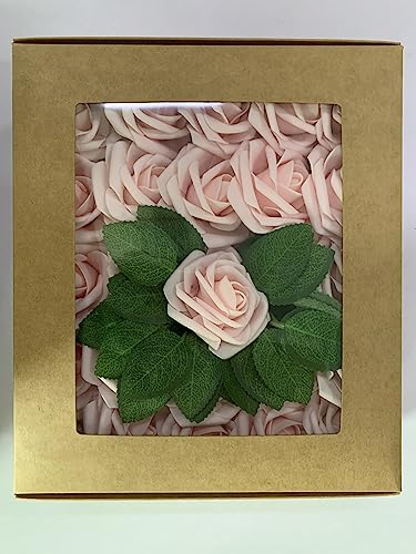 Mocoosy 50pcs Artificial Rose Flowers, Pink Roses Blush Real Touch Foam Fake Rose Bulk with Stem for Wedding Bouquets Centerpieces Wedding Shower Party Home DIY Decoration
