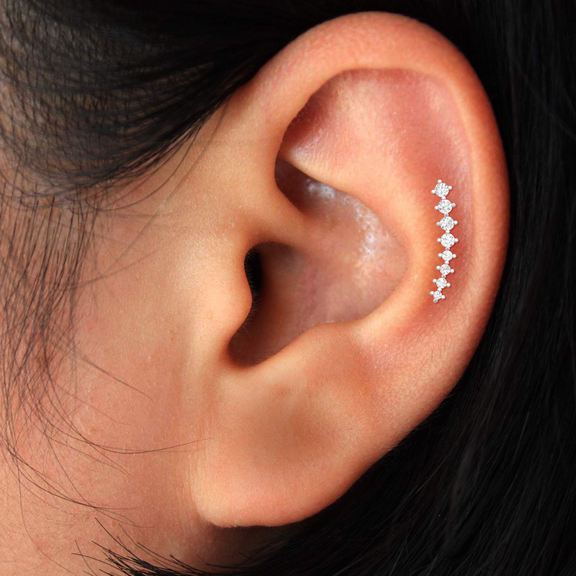 Diamond Ear Climber 14K White Gold Single Piece, 0.20 Carats Graduation Diamond Ear Crawler, Helix Earring for Women