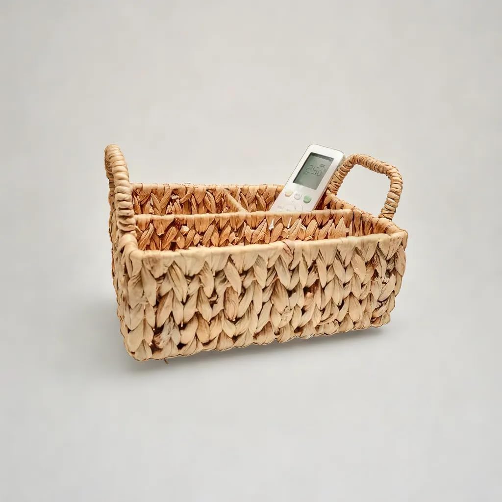 Remote Control Holder Wicker Desk Organizer Divided Storage Basket,Hand Woven Cosmetic Storage Box with 3 Compartments,Water Hyacinth Remote Control Basket for Desktop Organizing