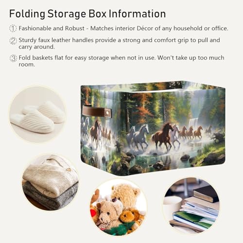 STAYTOP Large Storage Basket Collapsible Toy Storage Bins Waterproof Laundry Basket with Handle.Used for Home Closets, Offices, Bedrooms, Kids Toy and Gift Baskets-Running Horses(Rectangular)1PCS
