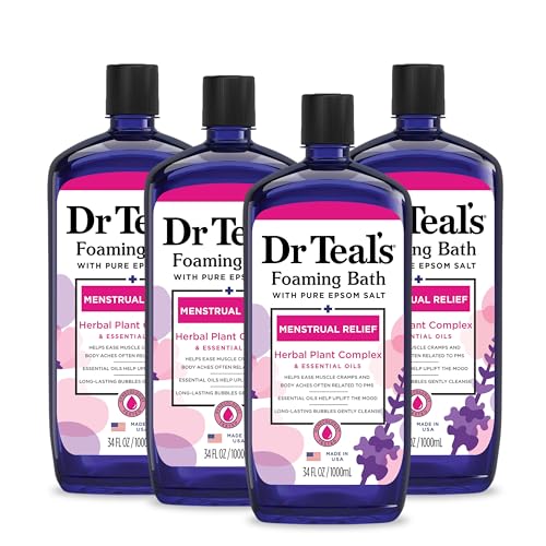 Dr Teal's Foaming Bath with Pure Epsom Salt Menstrual Relief with Herbal Plant Complex & Essential Oils 34 fl oz (Pack of 4) (Packaging May Vary)