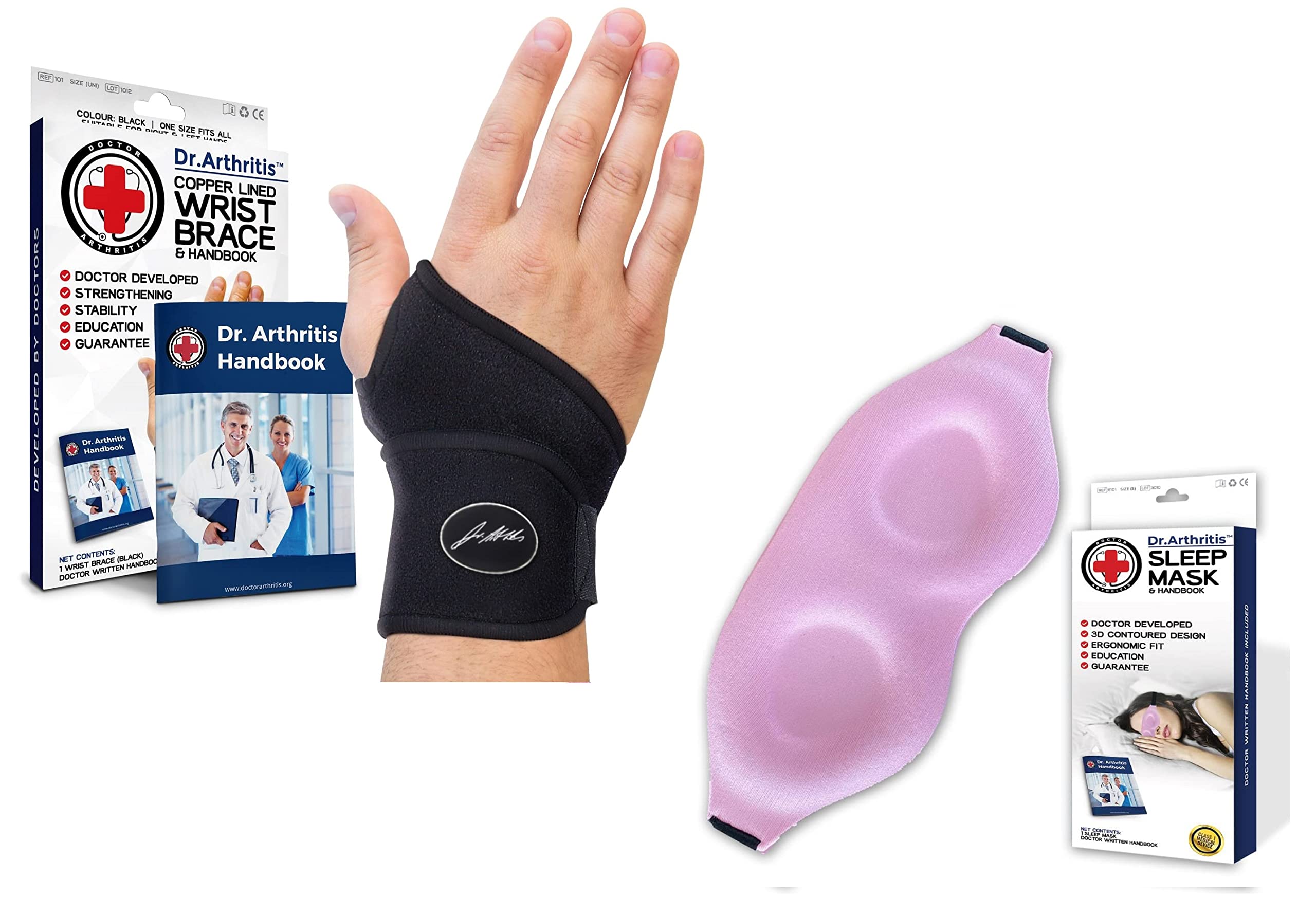 Dr. Arthritis Doctor Developed Copper Wrist Brace BUNDLE WITH Doctor Developed Pink Sleep Eye Mask, Sleeping Masks for Women & Men