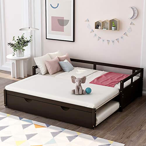 Merax Modern Wood Daybed with Pop Up Trundle Twin to King Triple Sofa Bed Frame for Kids Teens Adults/No Box Spring Needed Espresso