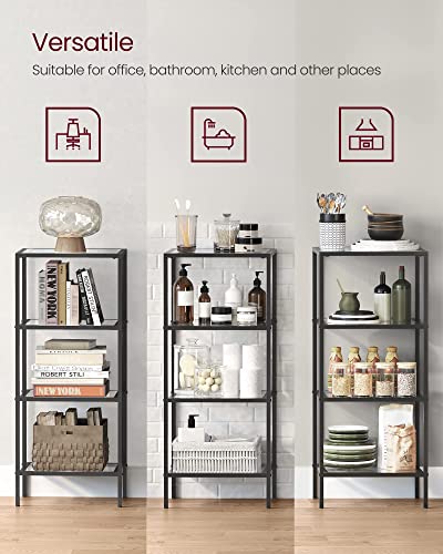 VASAGLE Bookcase, 4-Tier Bookshelf, Slim Shelving Unit for Bedroom, Bathroom, Home Office, Tempered Glass, Steel Frame, Black ULGT028B61