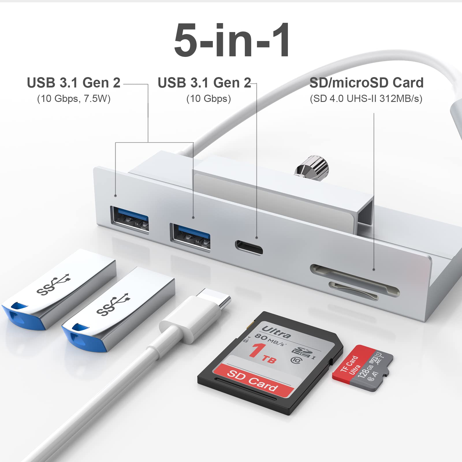 iMac USB C Hub Adapter 10Gbps, 5 in 1 USB C Hub for iMac 2021 USB-C Clamp Hub USB C Docking Station iMac Accessories with 10Gbps USB C Port, 2 USB A 10Gbps Data Ports, TF/SD Card Reader for iMac