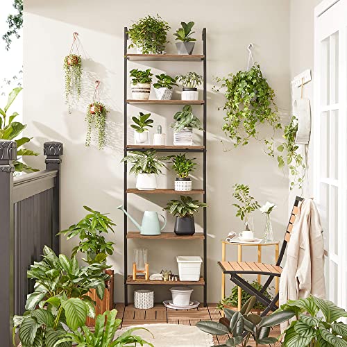 VASAGLE Industrial Ladder Shelf, 6-Tier Bookshelf, Wall Shelf for Living Room, Office, Kitchen, Bedroom, 23.6 x 11.8 x 80.6 Inches, Rustic Brown and Black ULLS103B01
