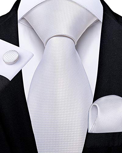 DiBanGu Tie Set for Men Solid Color Necktie, Gold Tie Tack, Gold Tie Ring, Pocket Square, Cufflinks Formal Mens Silk Tie, White