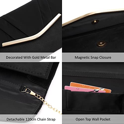 DETARA Women Evening Bag Suede Pleated Clutch Purse Envelope Clutches Wedding Party Bridal Purse (Black)