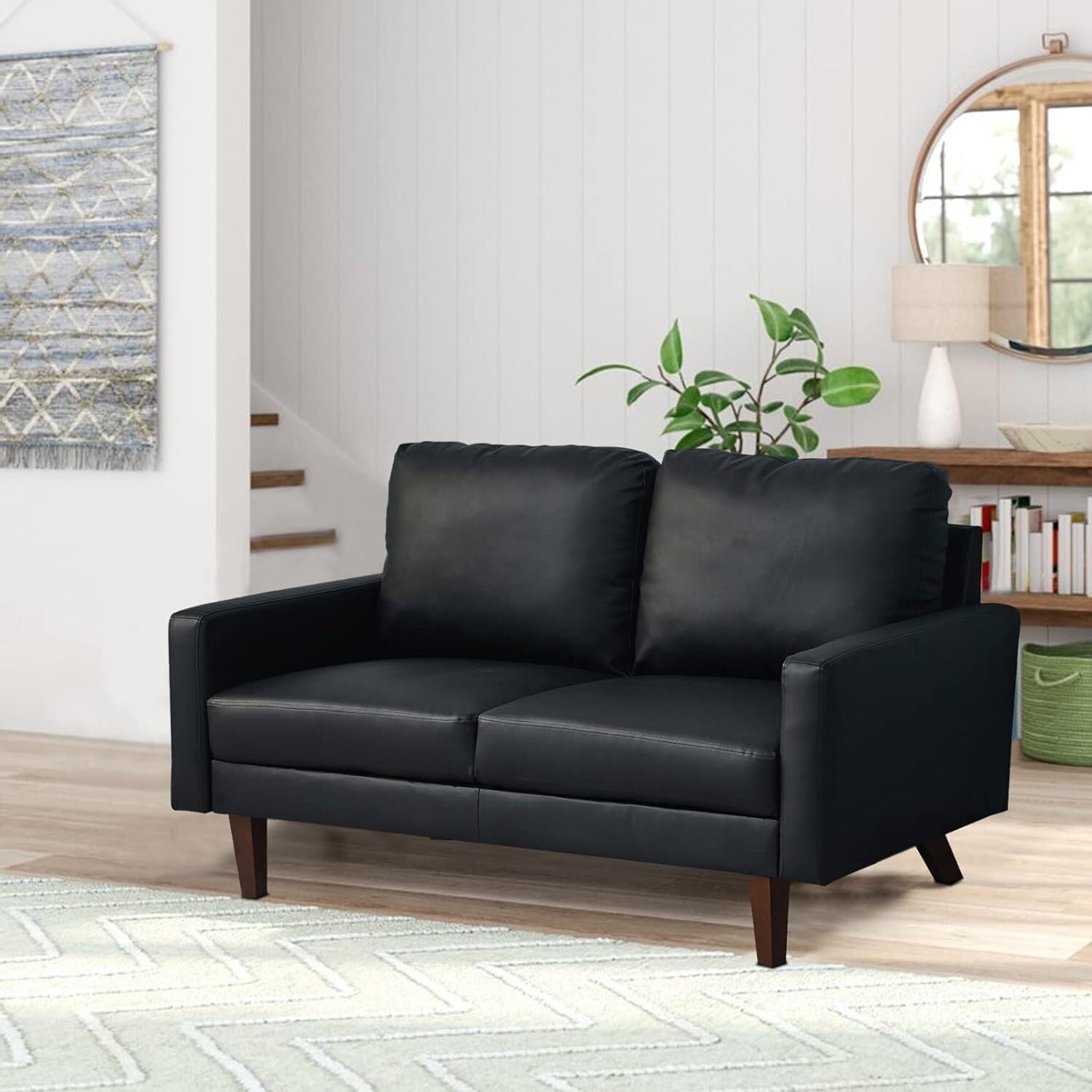 HomeStock Rococo Radiance Leather Upholstered, Comfy Couch Modern Sofa with Wooden Legs for Living Room, Office, Removable Cushions, Wooden Legs Black/Loveseat
