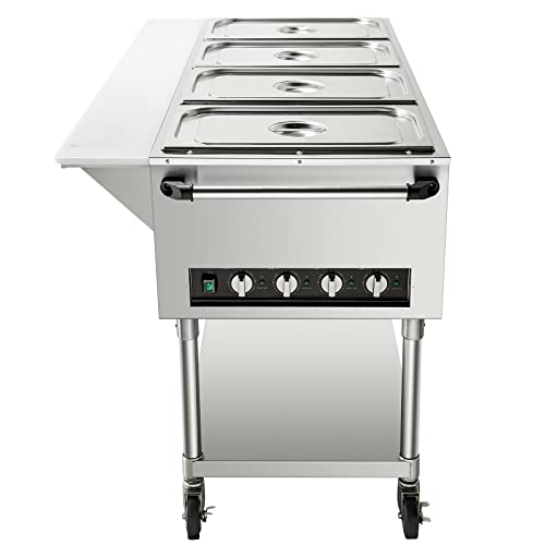 VEVOR Commercial Electric Food Warmer, 4-Pot Steam Table Food Warmer 0-100℃ w/ 2 Lockable Wheels, Professional Stainless Steel Material for Catering and Restaurants