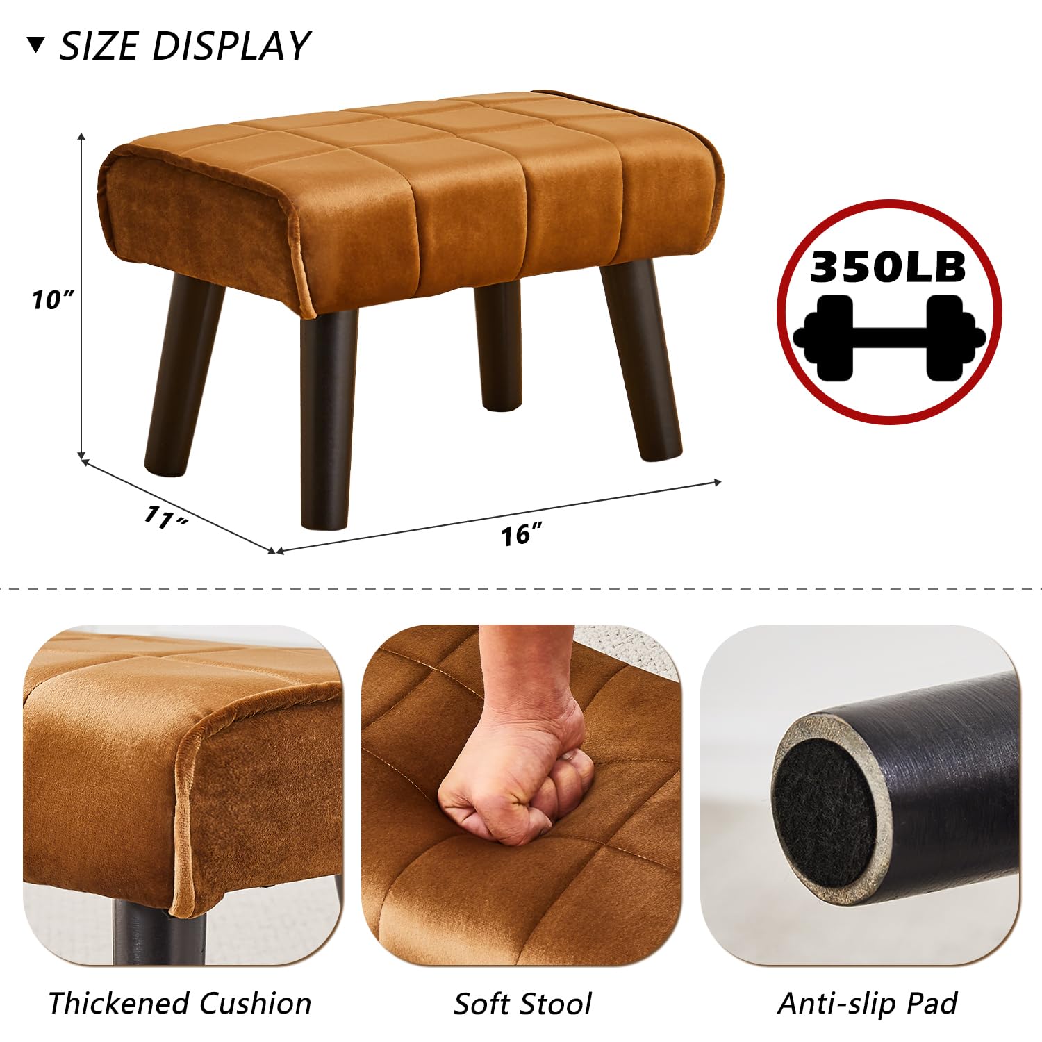 Cpintltr Small Foot Stool Ottoman Modern Accent Step Stool Seat with Solid Wood Legs Velvet Soft Padded Pouf Ottomans Sofa Footrest Stools 16 inch for Couch Living Room Bedroom Entryway Brown