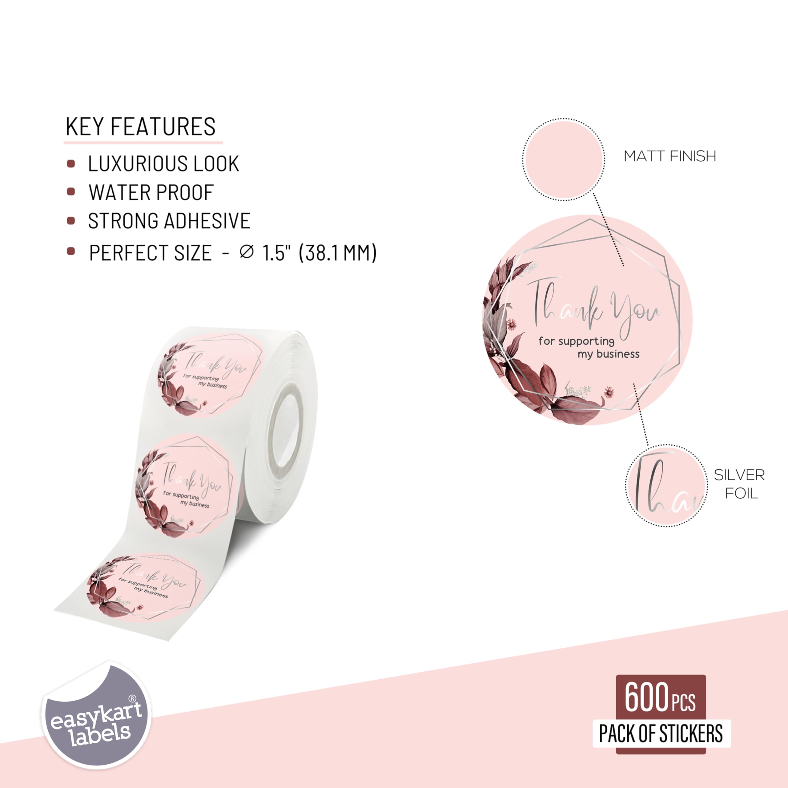 easykart labels 600 Business Thank You Stickers in roll | Baby Pink Flower Bunch Design with Silver Foil | Highly Recommended for Small Business Owners