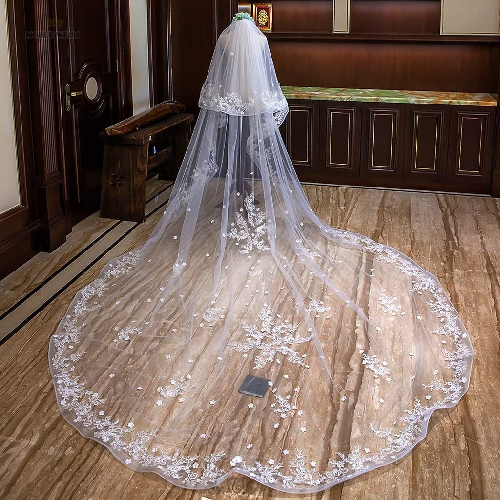 FEER Long Wedding Veils with Comb Two Layers Appliques Bride Veil Lace Edge Tulle Accessories (Color : White, Size : 4m)