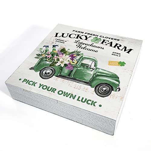 Lucky Farm Shamrock Wood Box Sign Decor Rustic Green Pickup St. Patrick's Day Wooden Box Sign Block Plaque for Wall Tabletop Desk Home Decoration
