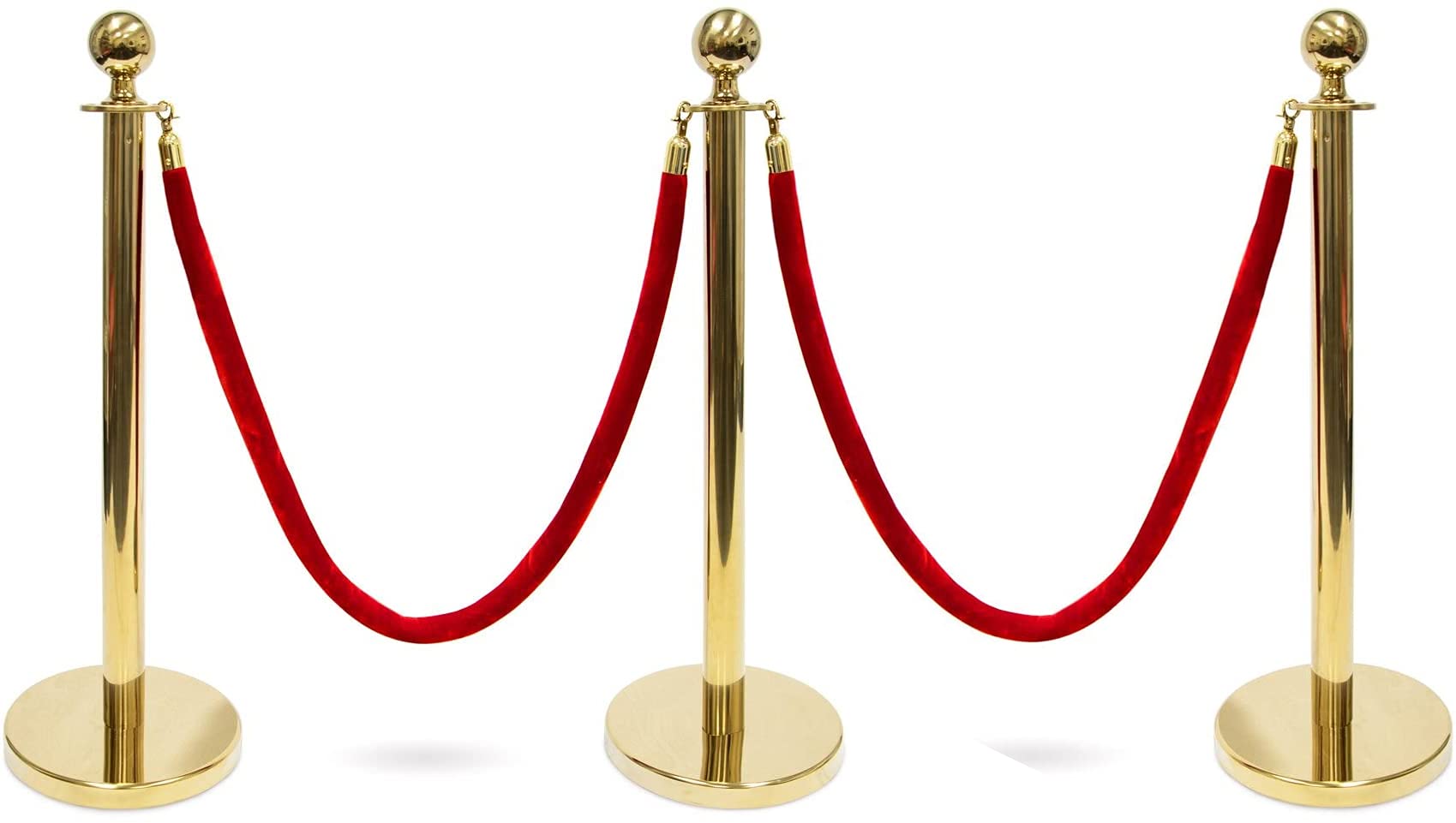 Electriduct 3 Foot Gold Stanchion Posts with Red Velvet Rope Crowd Control Queue Line Pole Barrier Metal 3 Posts, 2 Ropes