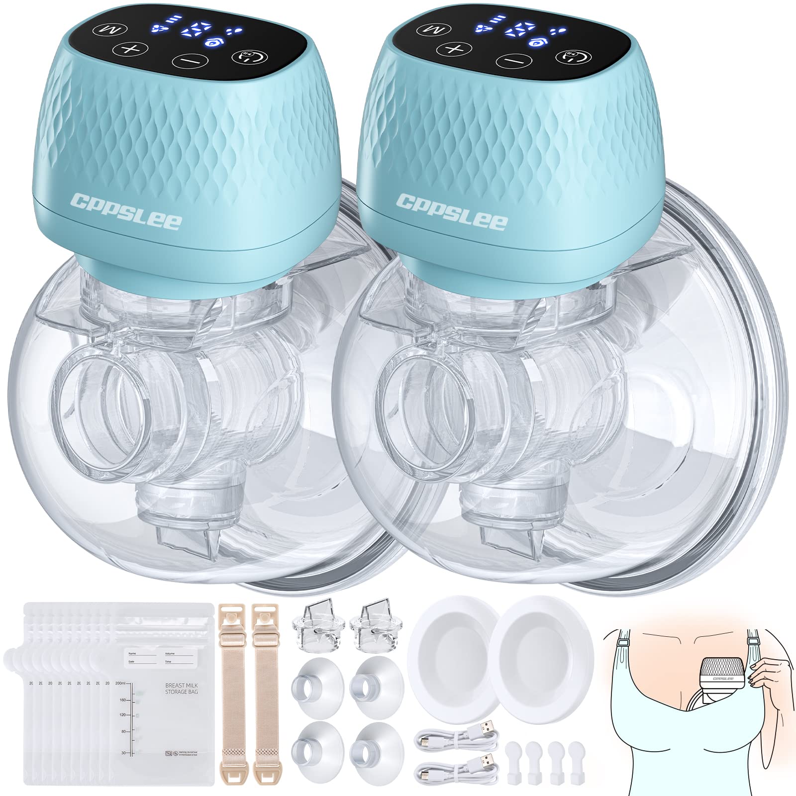 CPPSLEE Breast Pump, Wearable Breast Pump, Hands Free Breast Pump, Electric Breast Pump with 3 Mode & 9 Levels, Wireless Breast Pump Rechargeable, LCD Display, 25mm Flange, 2 Pack, Blue