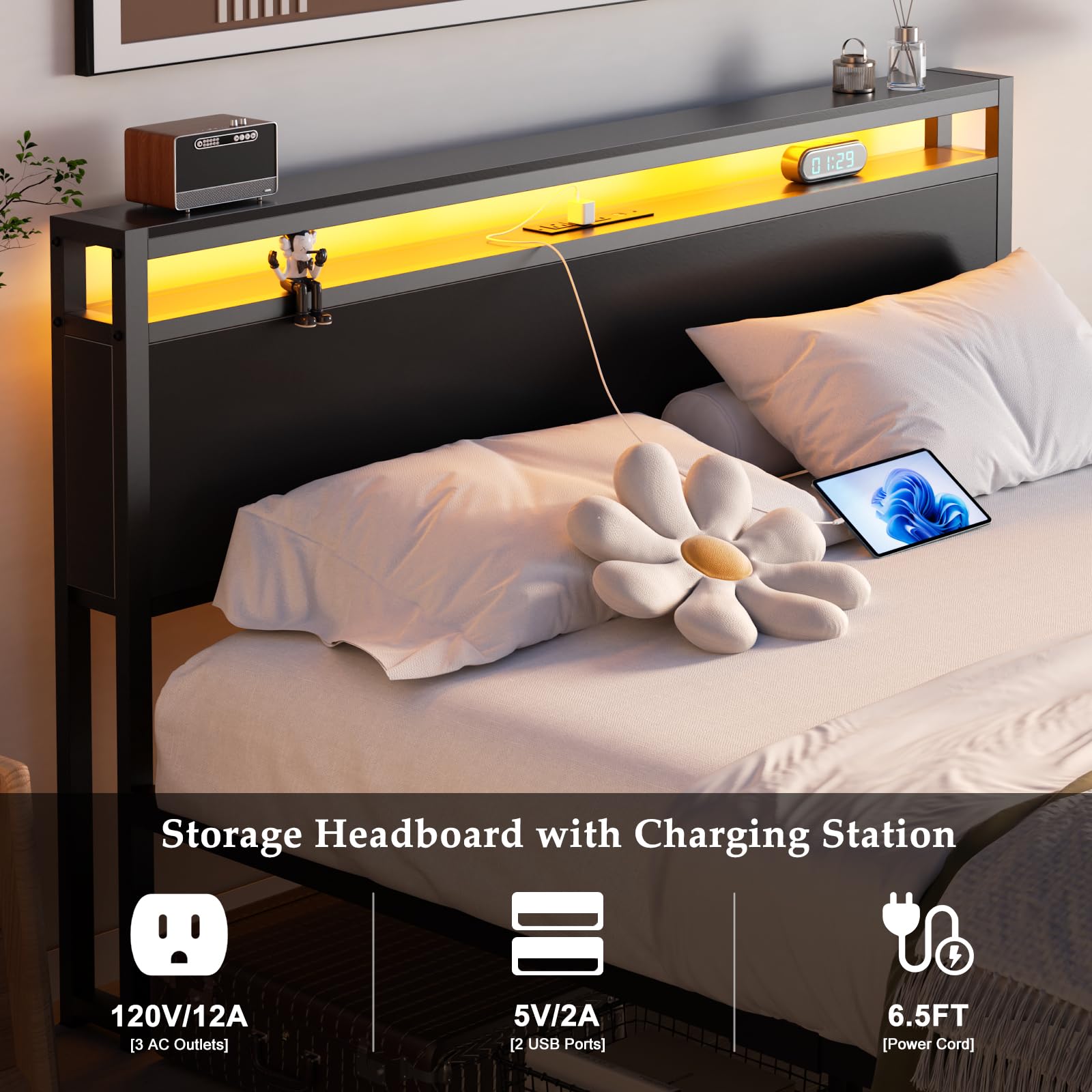 Homieasy King Size Bed Frame with Storage Drawers, Industrial Metal Platform Bed with Charged Headboard and LED Lights, No Box Spring Needed, Noise-Free, Easy Assembly, Black