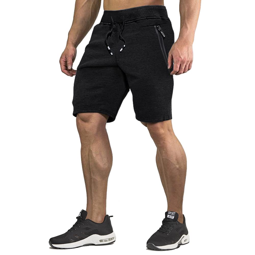 CRYSULLY Men Running Jogging Training Bike Sweatpants Workout Shorts with Zipper Pockets Black