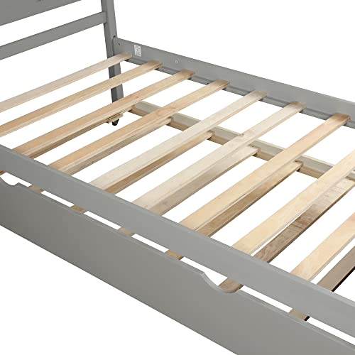 Merax Twin Size Platform Bed with Trundle, Twin Bed Frame with Headboard/Mattress Foundation/Strong Slat Support/No Box Spring Needed, Grey