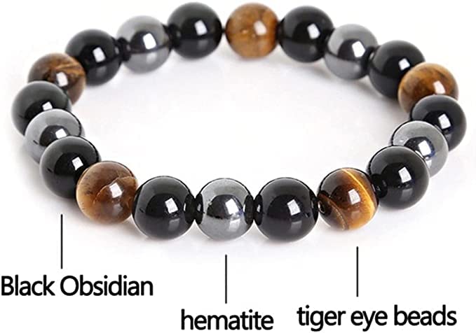 WFJ Black Obsidian Hematite Triple Protection Bracelet Tiger Eye Beads Bracelets for Men and women(10MM), Set of 2 black,gray 19cm