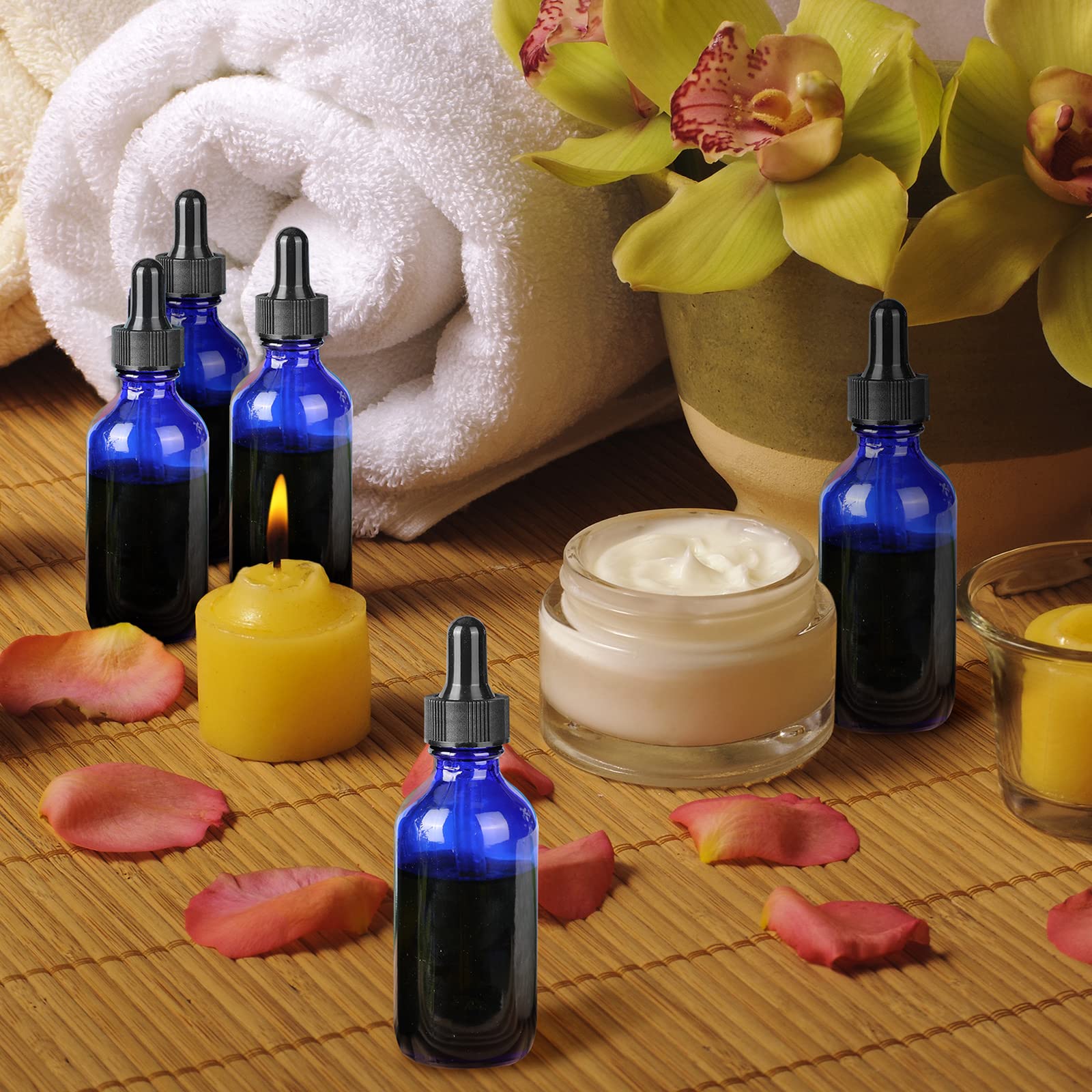 Epakh 100 Pack Glass Dropper Bottles, 2 oz Tincture Vials with Eye Droppers for Essential Oils, Liquids, Leakproof Travel Bottles (Blue)