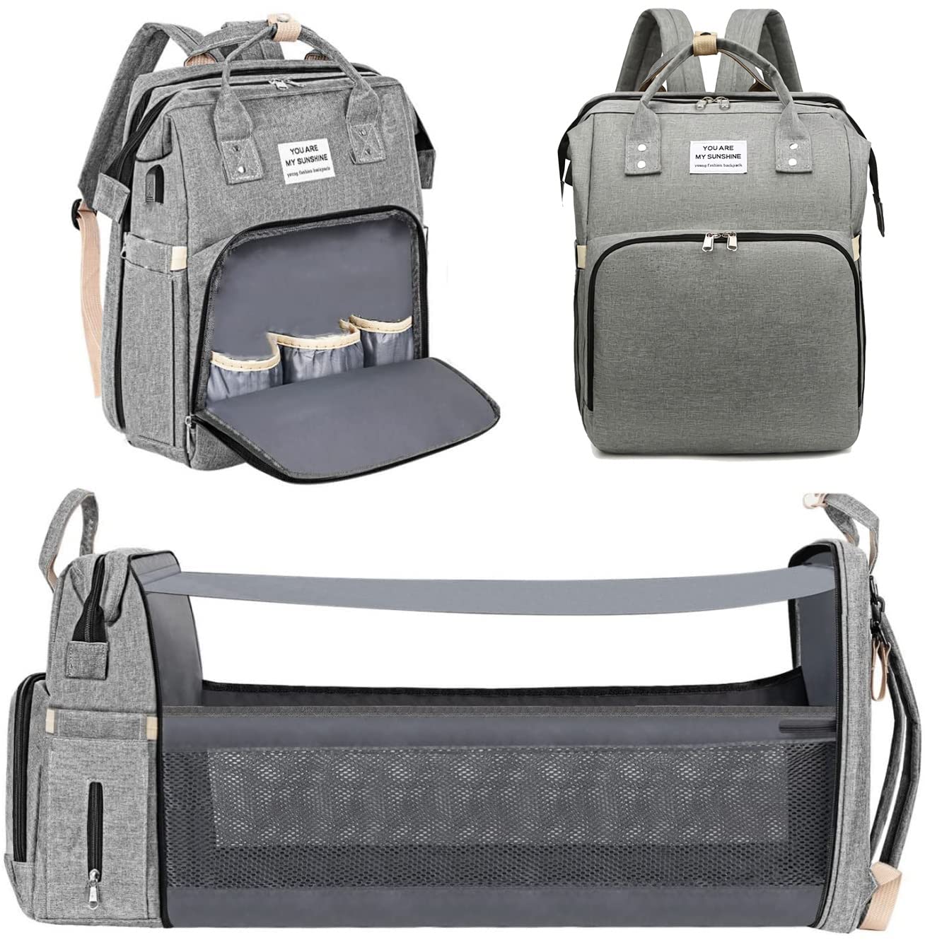 HNG KIANG HU 3 in 1 Diaper Bag Backpack,Multifunction Large Waterproof Diaper Bag with USB Charging Port for Travel (Grey)