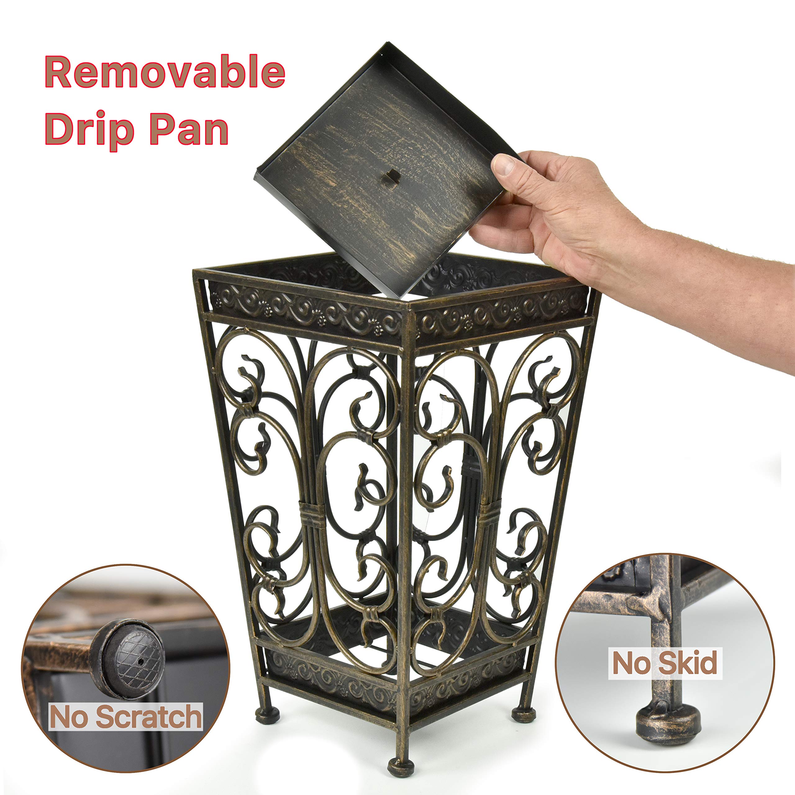 Dualplex Umbrella Holder for Entryway, Umbrella Stand Metal Antique Look, Indoor Entry Hallway Décor, Round Style with Removable Drip Tray. Home Office Rack Holds Umbrellas Canes Walking Sticks