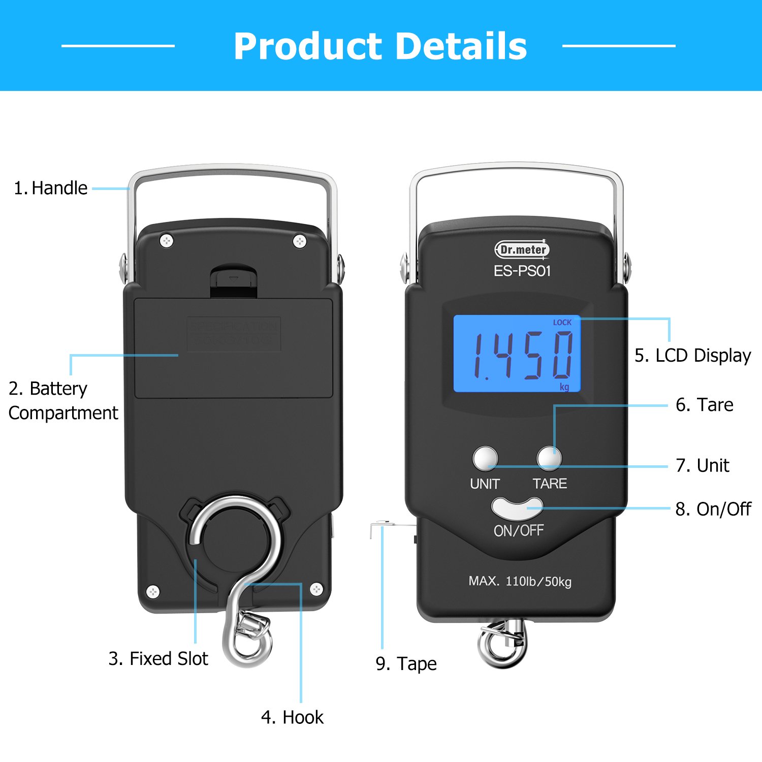 Dr.meter PS01 Fishing Scale, Black + Blue