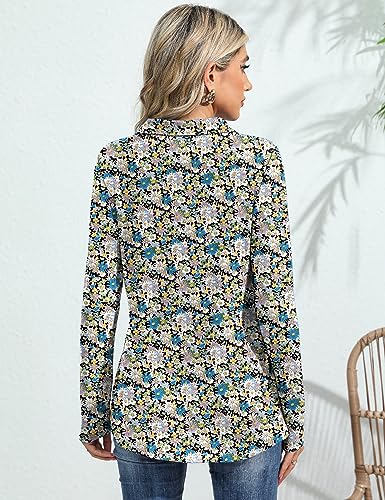 LUYAA Womens Long Sleeve Fall Tops Collared Work Shirts Uniform Polo Shirts for Women Blue Floral M