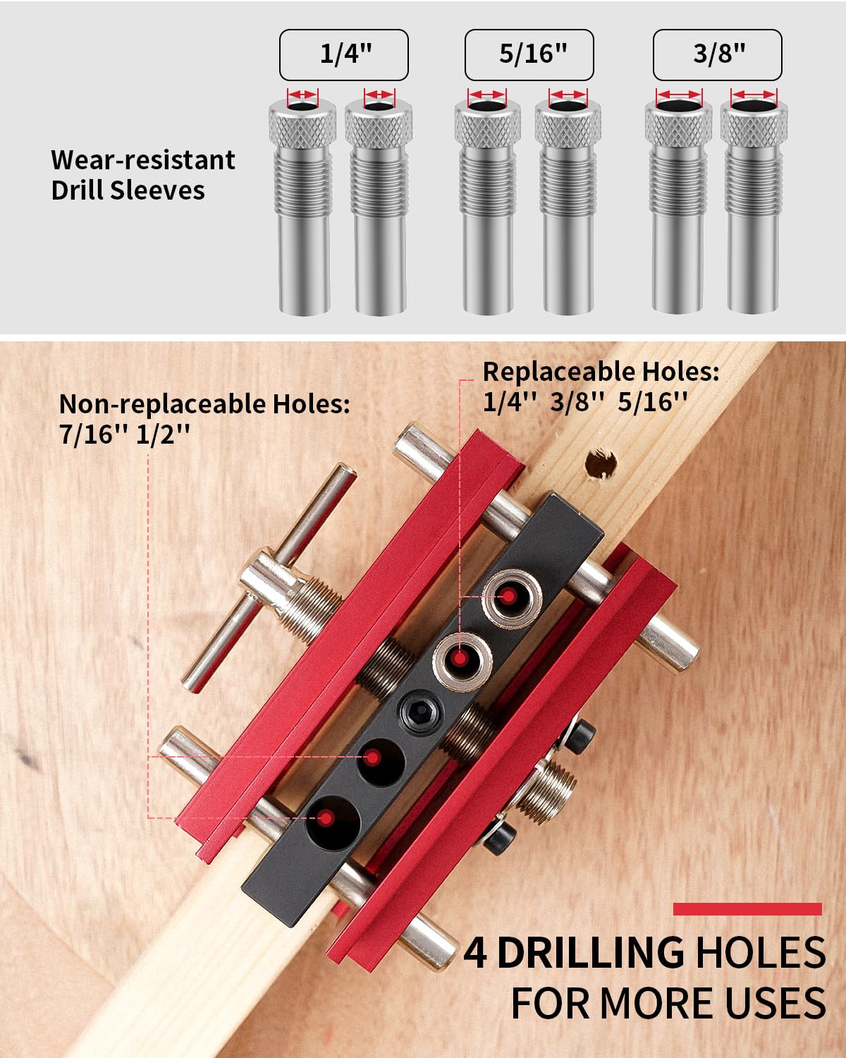 DAYDOOR Self Centering Doweling Jig, Adjustable Width Dowel Jig for Straight Holes, Biscuit Joiner Set with 6 Bushings and 3 Drill Bits(Red)