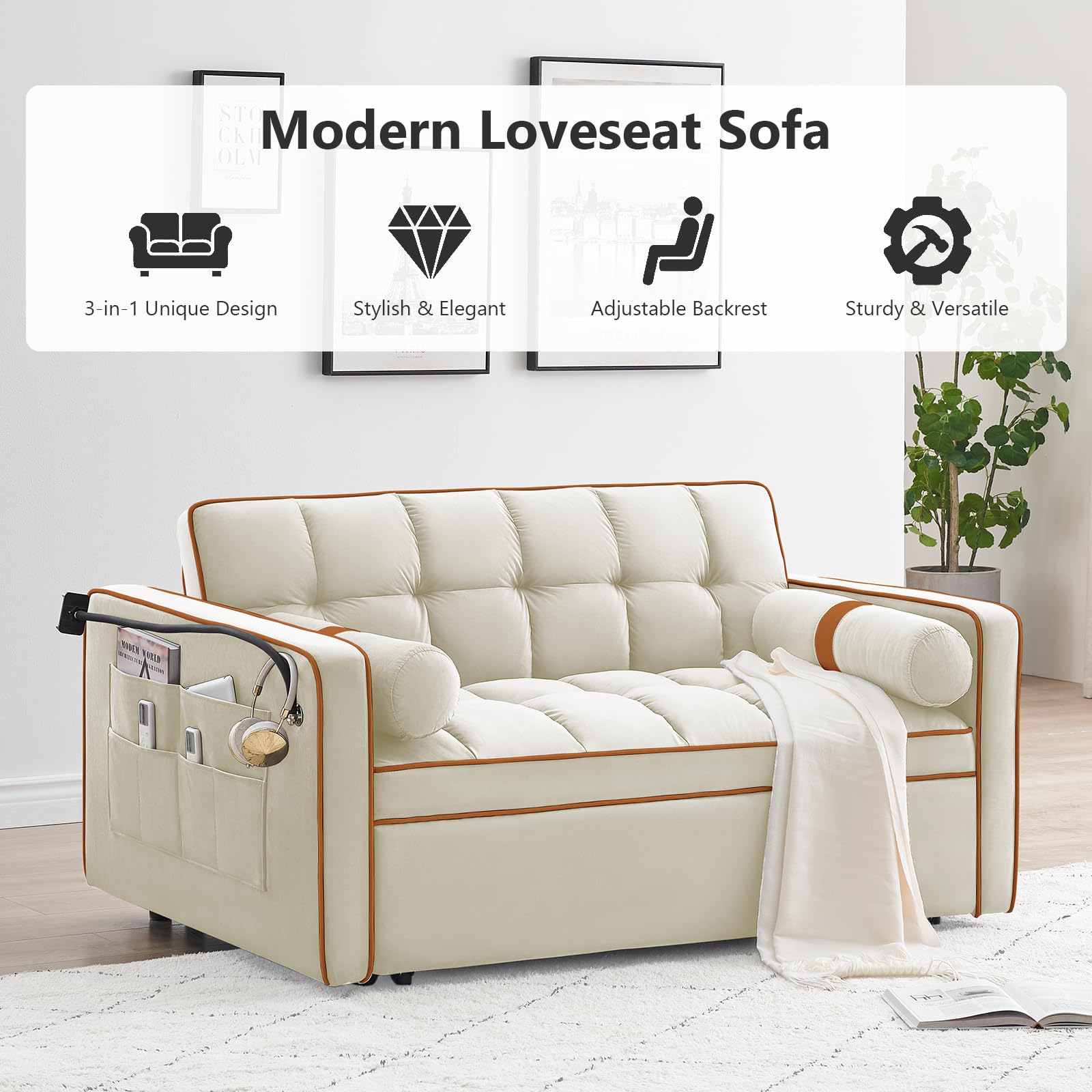 Hommoo Sleeper Sofa Couch with Pull Out Bed 3 in 1 Small Love Seat Convertible Futon Sofa Bed Comfortable Velvet Reclining Back Toss Pillows and Pockets for Living Room, Office 55" Blue