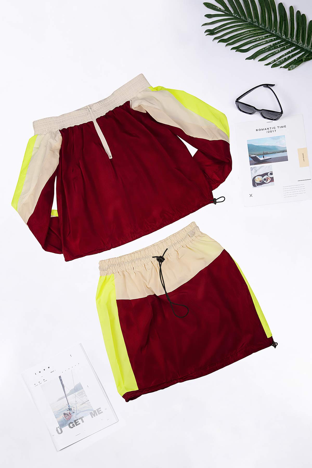 EOSIEDUR Women's Summer off Shoulder Zipper up Crop Tops and Loose Short Pants With Tie Jumpsuit Set