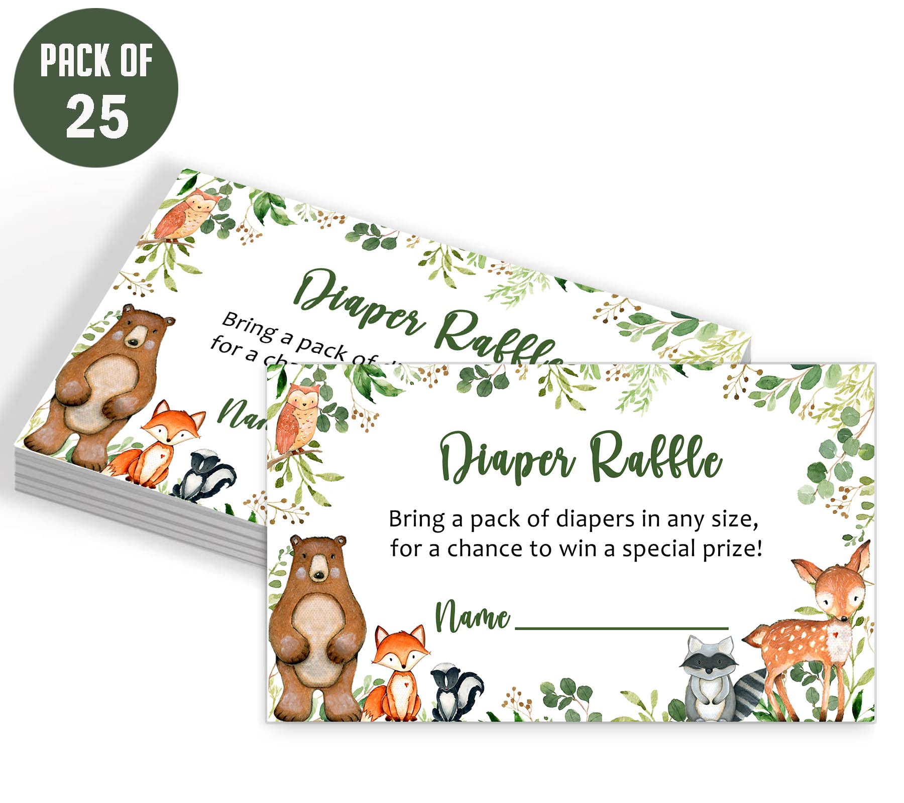 Yuzioey Woodland Baby Shower Invitations, 25 Pack Woodland Greenery Invitations Macthing Envelpoes, Diaper Raffle Tickets, Book Request Cards, Forest Creatures Invitations