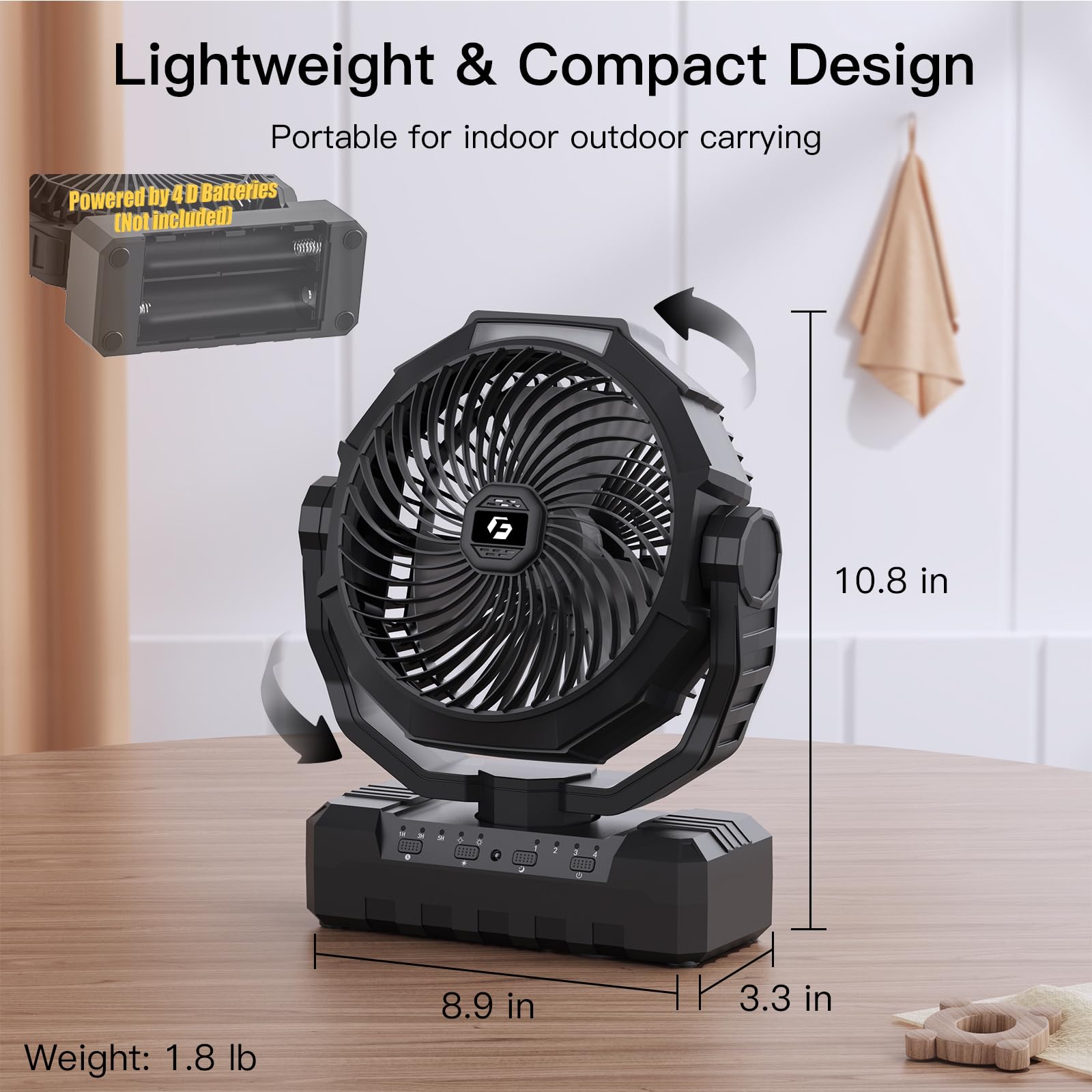 FRIZCOL Battery Operated Fan [200H Max], 2 IN 1 D-Cell Battery & USB Powered Fan, Portable Camping Fan with 4 Speeds, Light, Timer, Remote for Outdoor Tent, Travel, Picnic, Office, Bedroom - Black