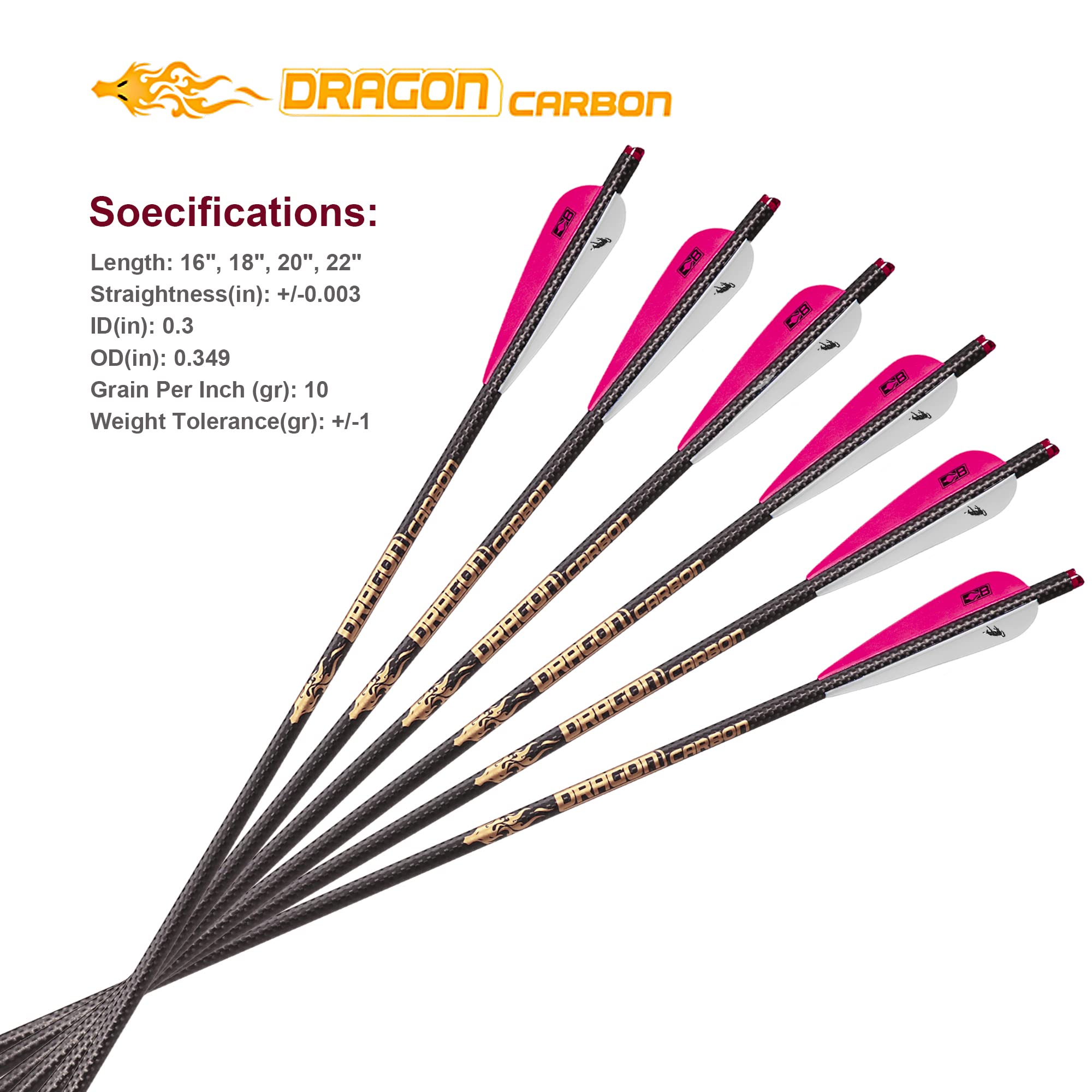 DRAGON CARBON Crossbow Bolt 20-Inch with 3K Woven Outer Layer, ID 0.3-Inch GPI 10 gr/in, Include 4-Inch Bohning Vanes and Halfmoon Nocks, 6-Pack