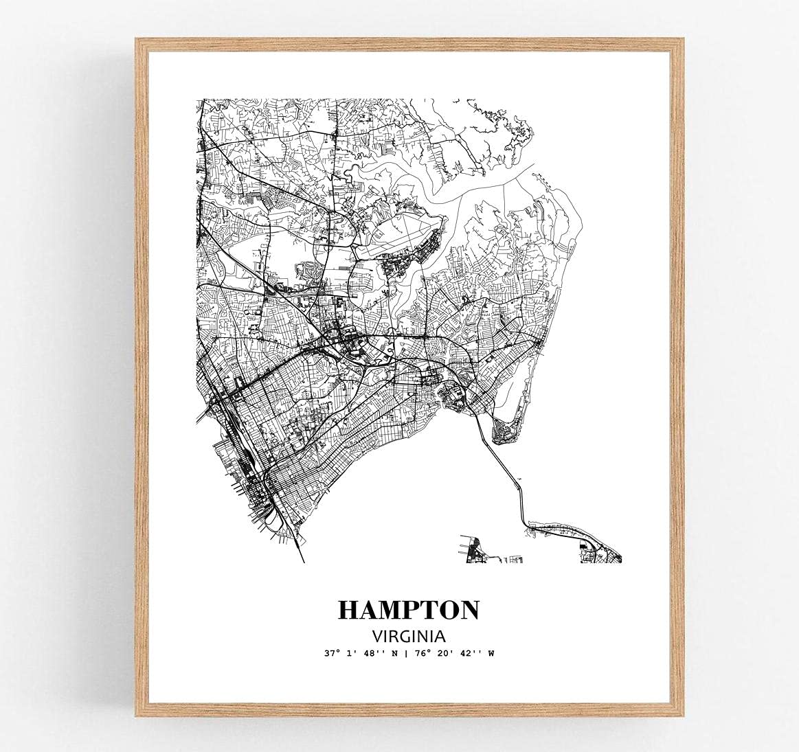 Eleville 18X24 Unframed Hampton Virginia City View Abstract Road Modern Map Art Print Poster Wall Office Home Decor Minimalist Line Art Hometown Housewarming wgn630