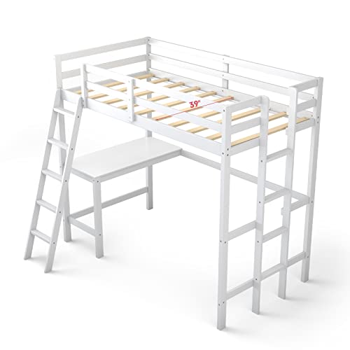 KOMFOTT Twin Loft Bed with Desk, Solid Wood Loft Bed Frame with 2 Ladders, Safety Guardrail for Teenagers and Adults, Space-Saving Loft Bed with Wooden Slats Support, No Box Spring Needed (White)