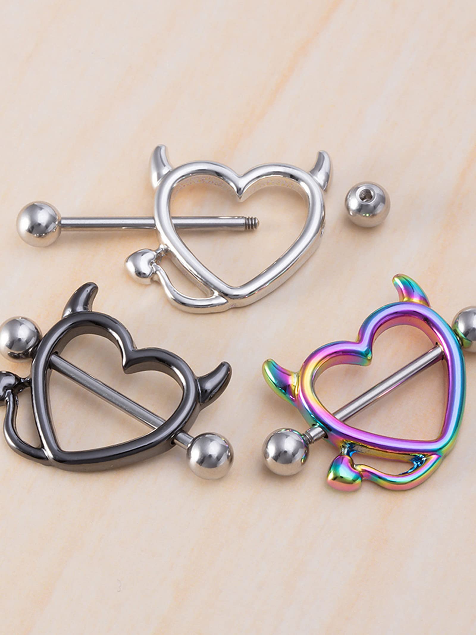 Frodete 6 Pcs Devil Nipple Rings Heart Nipple Ring for Women Silver Black Nipple Barbells Nipple Piercing Body Jewelry